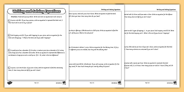 6th Gr Writing and Solving Equations Pizza Math Activity