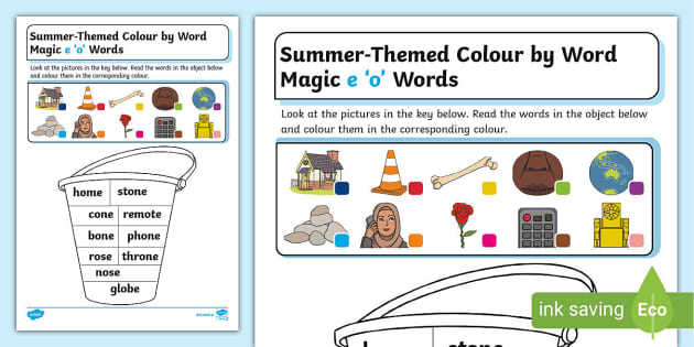 Summer-Themed Colour by Word Magic e 'o' words - Twinkl