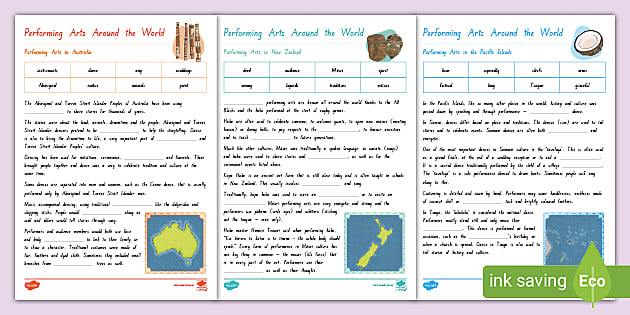 Performing Arts Around the World Cloze Sheets-Aus/NZ/Pacific