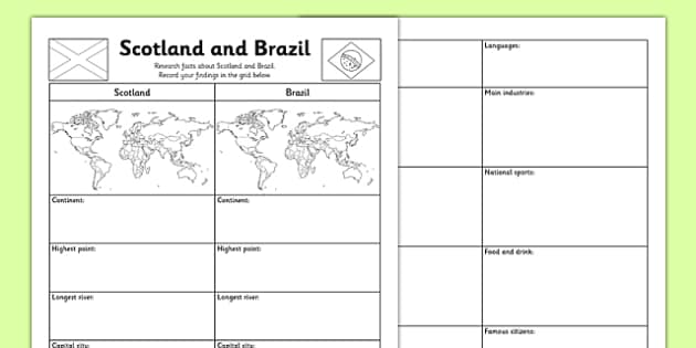 Scotland and Brazil Research Worksheet / Worksheet - Twinkl