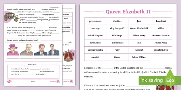 Queen Elizabeth II Cloze Activity (teacher made) - Twinkl