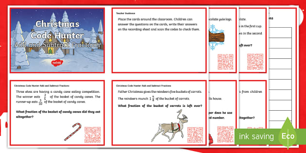 UKS2 Add and Subtract Fractions Christmas QR Challenge Cards