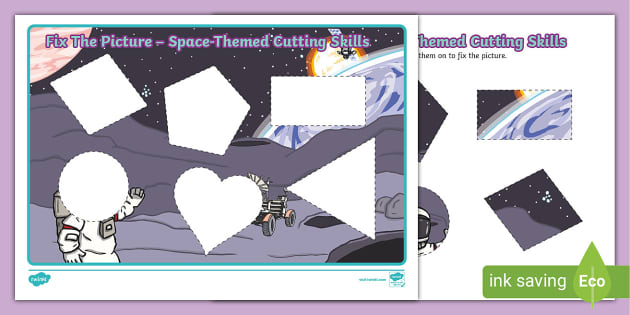 Fix the Picture Space-themed Cutting Skills Worksheet Activity Sheet