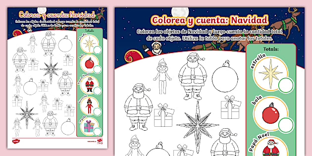 Ficha de actividad: Colorea y cuenta - Navidad - Twinkl