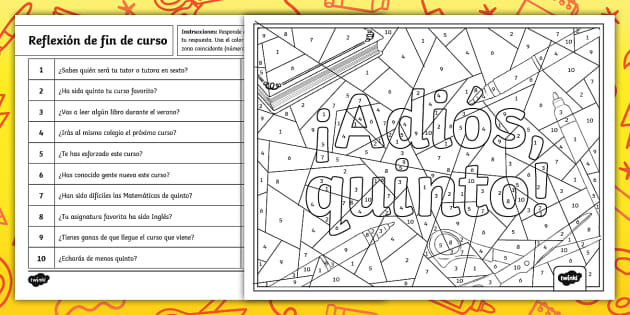 Hoja de colorear: Reflexión de fin de curso - Quinto