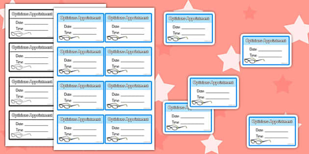 Opticians Role Play Appointment Cards (teacher made)