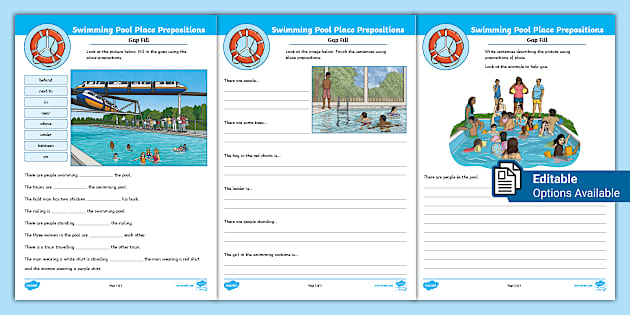 * NEW * Swimming Pool Place Prepositions Fill The Gap Activities for EAL