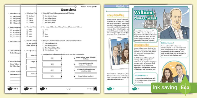 LKS2 Prince William (The Prince of Wales) Reading Activity
