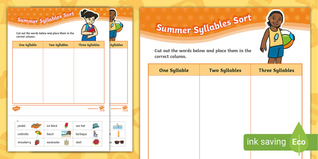 Summer-Themed Syllables Sorting Cut and Paste Activity