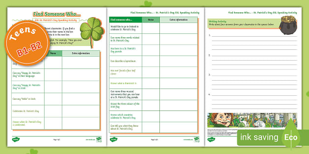 St. Patrick's Day 'Find Someone Who' Speaking Activity [Teens, B1-B2]