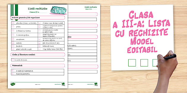 Clasa a III-a: Listă cu rechizite – Model editabil