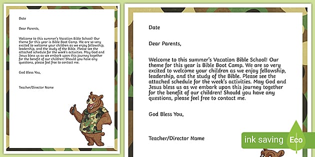 Vacation Bible School: Bible Boot Camp Editable Parent Letter