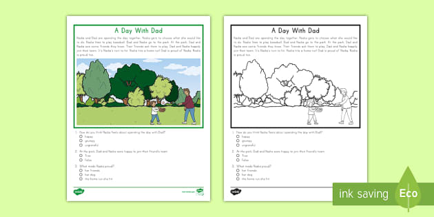 First Grade: A Day With Dad Reading Passage Comprehension Activity