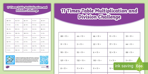 👉 11 Times Table Multiplication and Division Challenge Activity Sheet