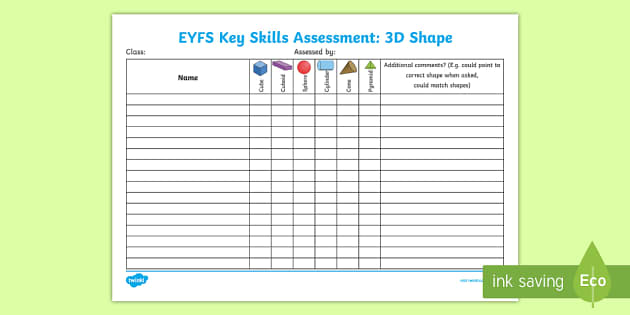 EYFS Key Skills Assessment 3D Shape Assessment Record