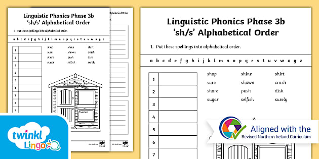 Linguistic Phonics Phase 3b 'sh/s' Alphabetical Order
