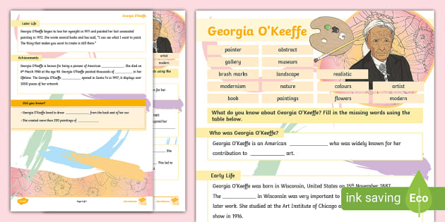 Georgia O'Keeffe Cloze Worksheet (teacher made) - Twinkl