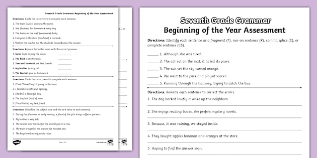 Seventh Grade Beginning of the Year ELA Grammar Assessment