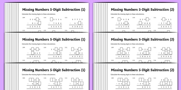 Subtraction 5-Digit Missing Numbers Differentiated Worksheet ...