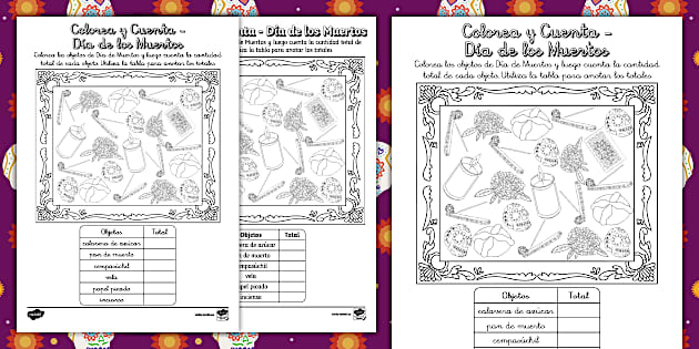 Ficha de actividad: Colorea y cuenta - Día de los Muertos