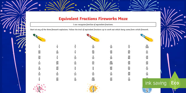 Equivalent Fractions Fireworks Maze Worksheet / Worksheet