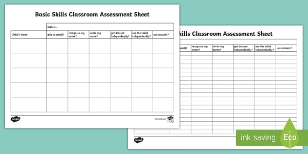 Basic Skills Assessment Sheet - Teacher Aide Resources