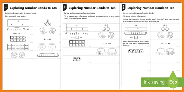 Exploring Number Bonds to Ten Differentiated Worksheet / Worksheets