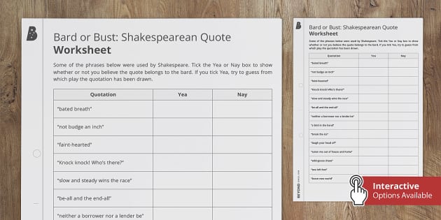 Bard or Bust: Shakespearean Quote Worksheet (profesor hizo)