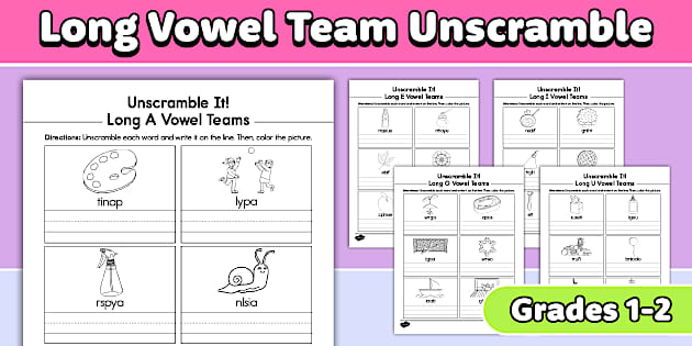 Long Vowel Team Word Unscramble Worksheet Pack for 1st-2nd