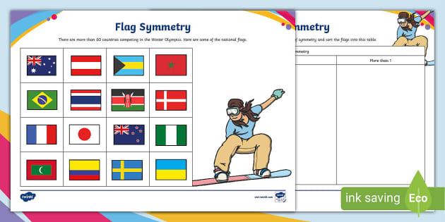KS1 Winter Olympics Country Flag Symmetry Sorting Activity