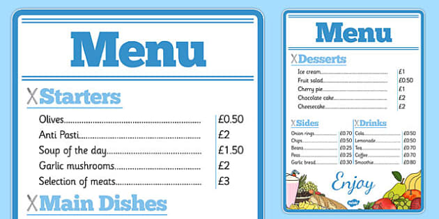 Restaurant Role Play Menu - roleplay, props, eating, food, menus