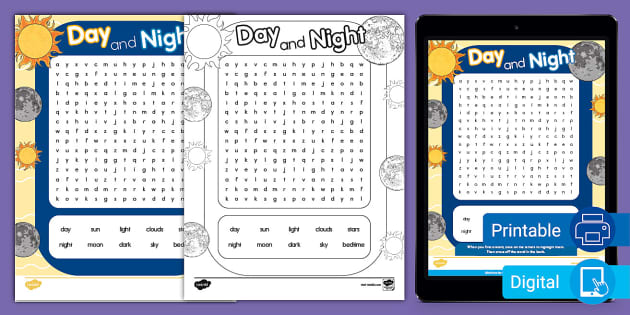 Day and Night Word Search for K-2nd Grade (teacher made)