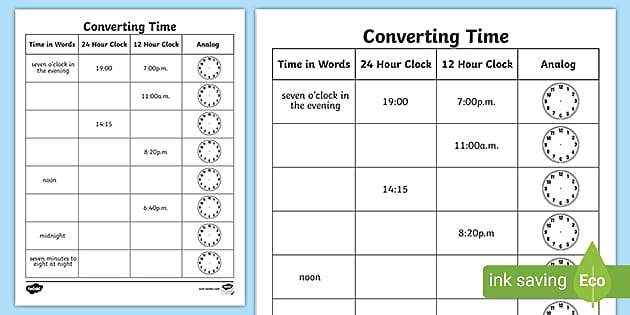 Converting Time: 12 hour to 24 hour on an Analog Clock - Twinkl