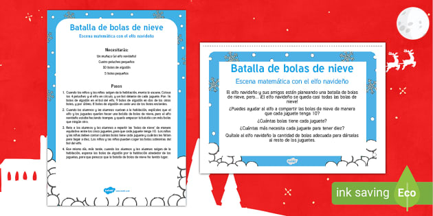 Escena matemática con el elfo navideño: Batalla bolas nieve