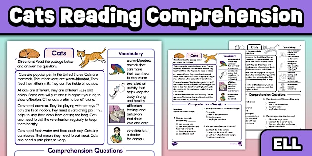 Cats Reading Passage Comprehension Worksheet for ELL