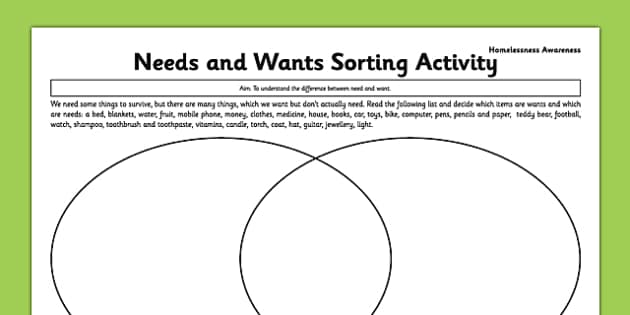 Homelessness Awareness Needs and Wants Activity