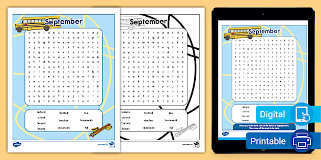 September Word Search for K-2nd Grade (teacher made)
