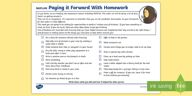 NAPLAN Paying it Forward with Homework Activity Ideas - English