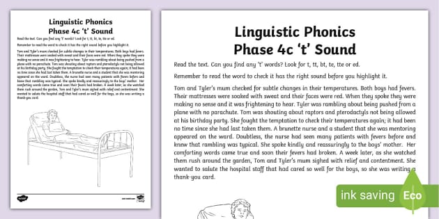 Linguistic Phonics Phase 4c ‘t’ Sound Text Search Worksheet