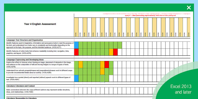 Victorian Curriculum Year 4 English Assessment Spreadsheet