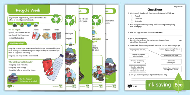 Recycle Week Differentiated Reading Comprehension Activity