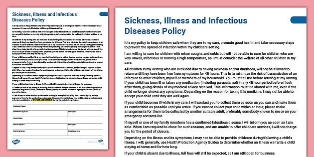 Illness and Infection Policy for Childminders | Editable