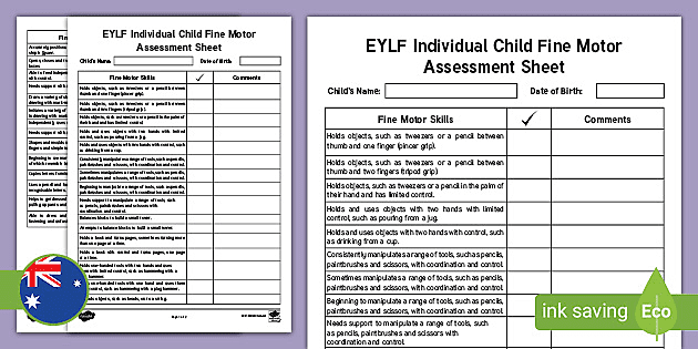 EYLF Individual Developmental Milestones Cognitive Assessment Sheet 