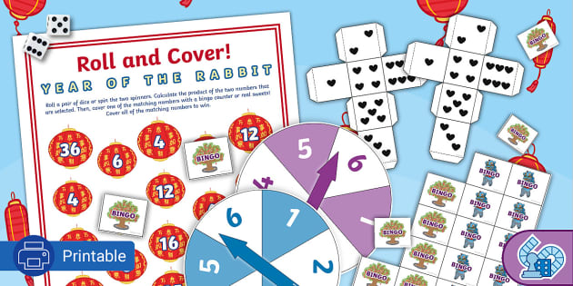 Year of the Rabbit Roll and Cover Maths Game - Twinkl