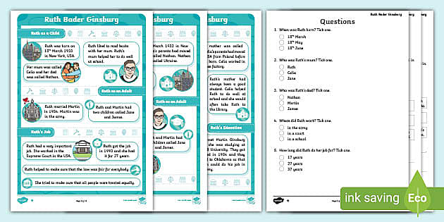 KS1 Ruth Bader Ginsburg Differentiated Reading Comprehension Activity