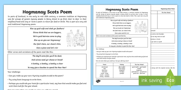 CfE Second Level Hogmanay Scots Poem Activity Sheet - Twinkl