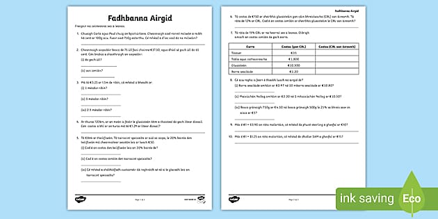 Money Word Problems Worksheet Gaeilge (teacher made)