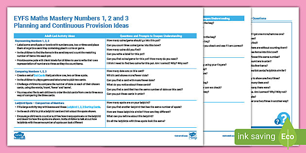 EYFS Maths Mastery Numbers 1, 2 and 3 Planning and Continuous Provision ...
