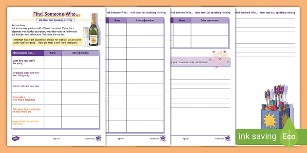 ESL New Year 'Find Someone Who' Speaking Activity - Twinkl