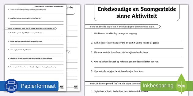 Enkelvoudige en Saamgestelde Sinne Aktiwiteit - Twinkl